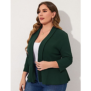 KOJOOIN Women Plus Size Casual Blazer Open Front Long Sleeve Work Office Cardigan Jackets Dark Green 2XL