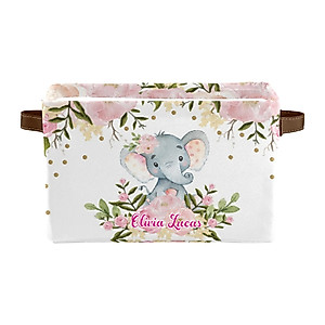 Rose Floral Elephant Personalized Storage Basket,Custom Storage Bins Cubes Organizer with Handle for Bedroom Wardrobe,Nursery,Basket 1 Pack