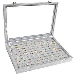Siveit Ring Display Case Organizer Box with Transparent Lid 100 Slot Holder Showcase For Store Display Jewelry Show Home Organizer For Jewelry Rings Studs Earrings (Grey)