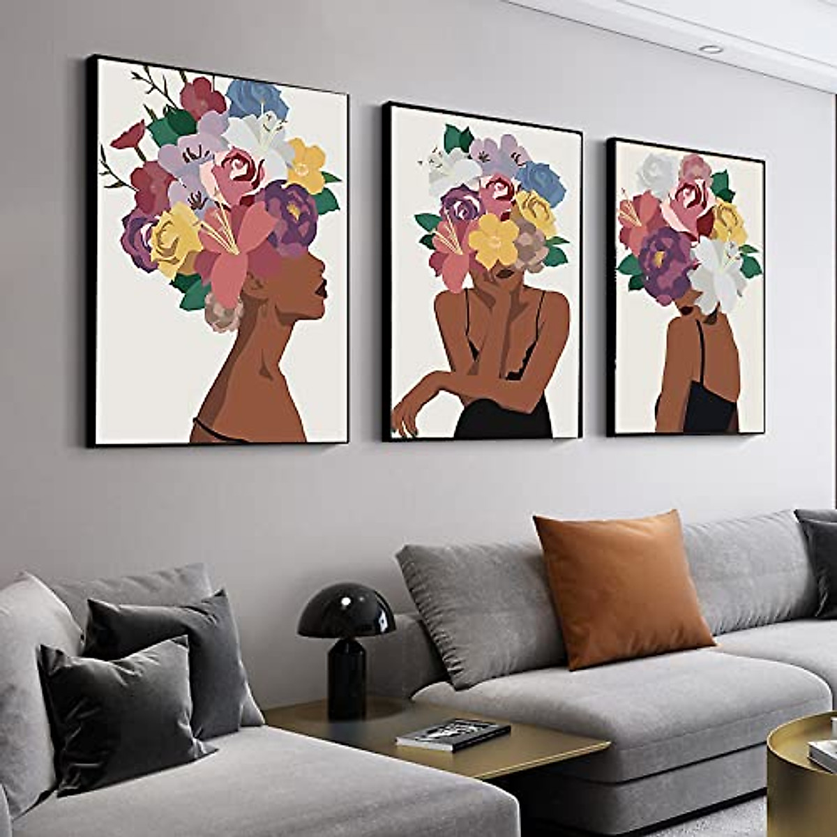 African American Wall Art Set of 3 Flower Black Women Head Wall Prints Fashion Black Skin Girl Canvas Painting Pictures Unframed Modern Decorative Artwork Posters for Bedroom Living Room Wall Decor