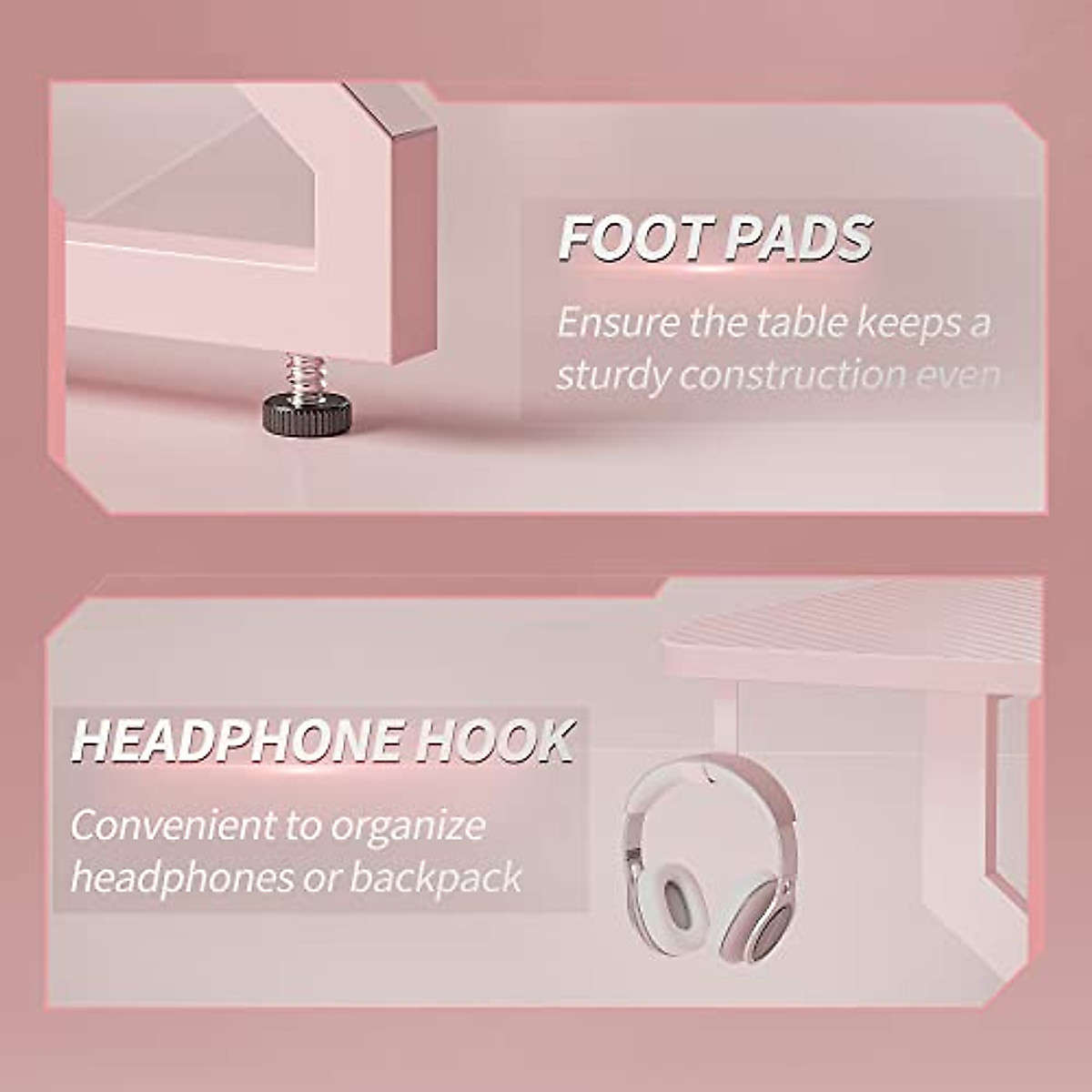 CubiCubi Simple Gaming Desk Z Shaped 40 inch Gamer Workstation, Home Computer Carbon Fiber Surface Gaming Desk PC Table with Headphone Hook, Pink