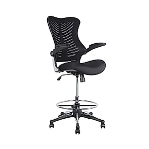 OFFICE FACTOR Stool Clerk Teller Drafting Chair Reception Black Mesh Flip up Armrest Molded Seat with a Single Handle Mechanism (Stool Black MESH Fabric)
