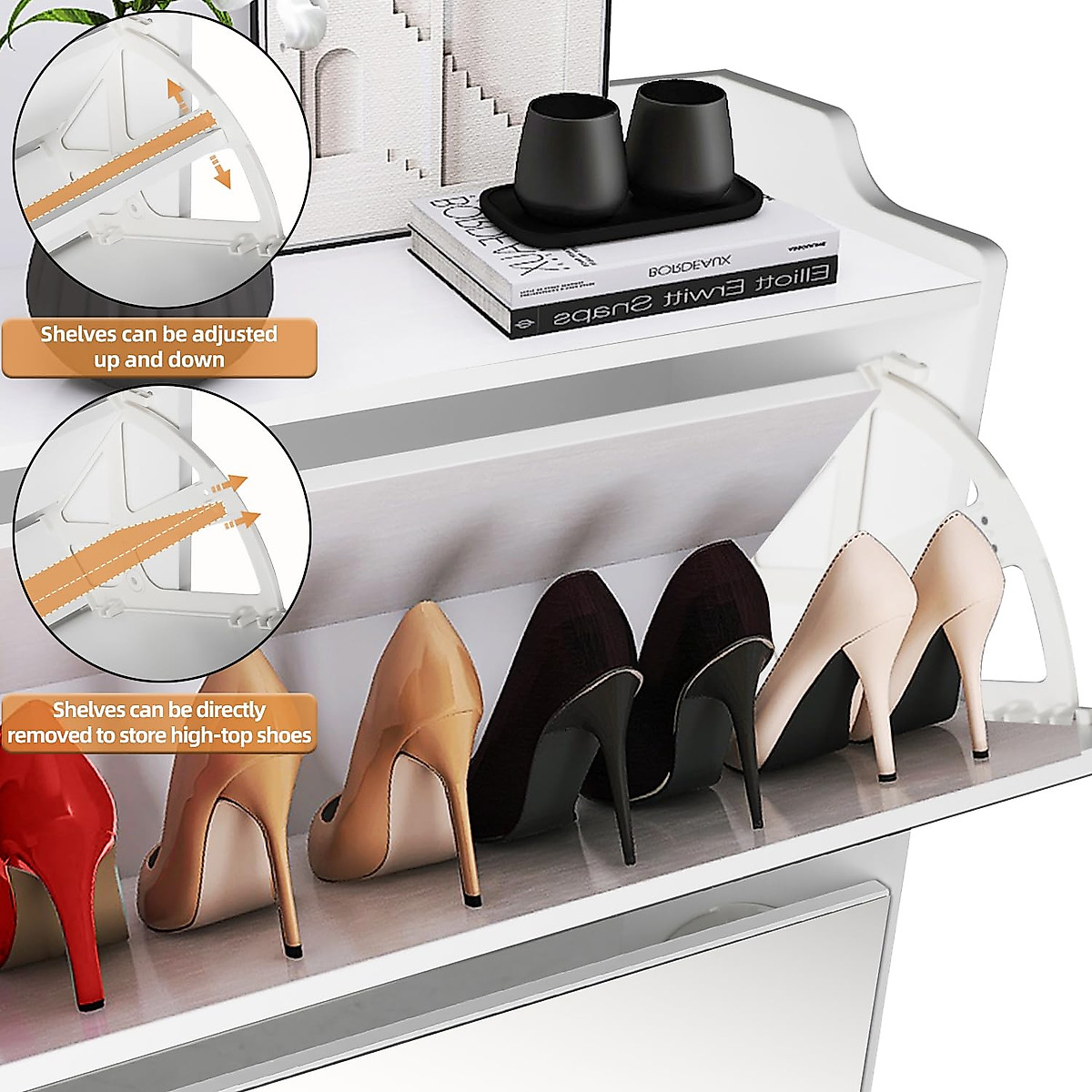 AODAILIHB Shoe Storage Cabinet for Entryway with 4 Flip Drawers, 2-Tier Mirrored Narrow Shoes Rack Organizer Closed Large Capacity Wood Shoe Cabinet Closet Dresser Slim Hidden Shoe Cupboard with Hooks