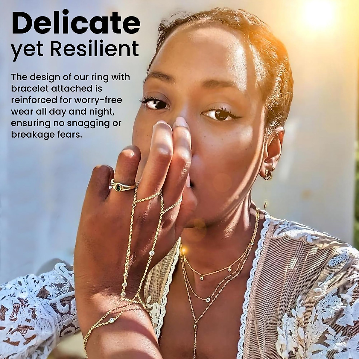 Faire de la Mode 5 CZ Diamond Gold Bracelet Ring Hand Chain for 4-9 Ring Sizes – Non-Tarnish 14k Gold Hand Chain Bracelet for Women – 6" to 8" Adjustable Length