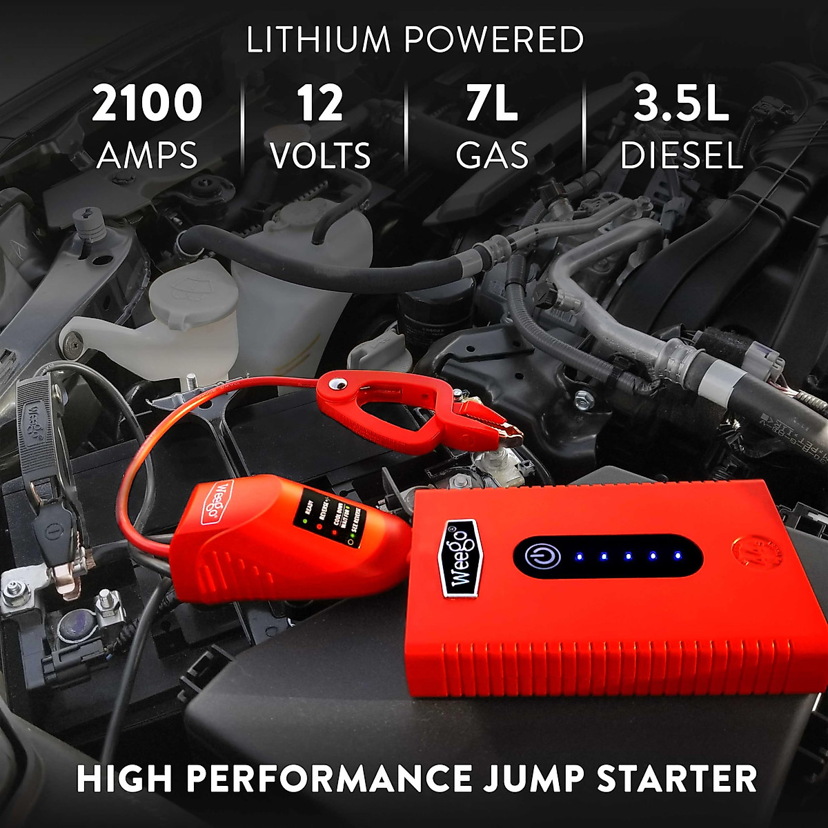 Weego 44S, 2100 Peak Amp / 440 Cranking Amp Jump Pack for 7-Liter Gas and 3.5-Liter Diesel Engines, 12-Volt Portable Car Jump Starter, Patented Jumper Cables with Battery Pack, Orange (N44S)