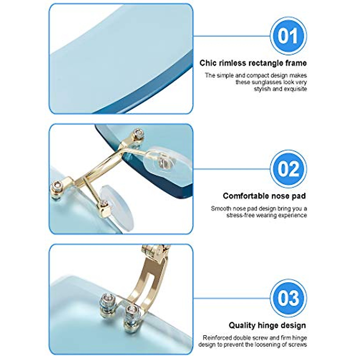 3 Pairs Rimless Rectangle Sunglasses Tinted Frameless Eyewear Vintage Transparent Y2K Glasses for Women Men (Grey, Tea and Blue)