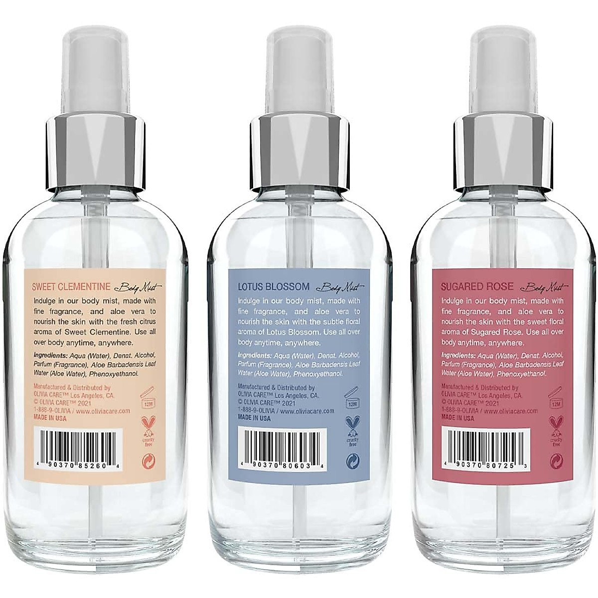 Olivia Care Body Mist Trio, 3 Scents: Lotus Blossom, Sugared Rose, Sweet Clementine (3 Bottles Total (1 of Each Scent))