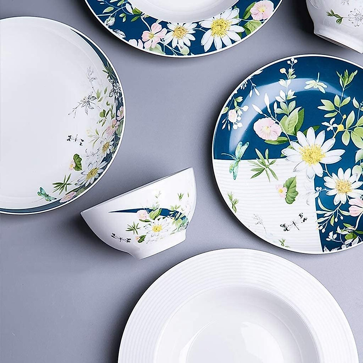 AB-Grade Porcelain Plate and Bowl Set,Ceramics Dinner Sets 46 Pieces Ceramics Dinner Sets,Bowl/Dish/Soup Pot/Spoon|Dinnerware Set Simple Floral Pattern Combination Tableware Set-Compatible with Gift