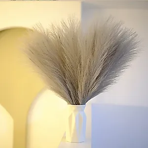 Faux Pampas Grass 6 Stems Small Artificial Pampas Grass 18'' No-Shedding Short Fake Pampas Grass Pompass Fluffy Plants Boho Decor for Centrepiece Living Room Home Office Wedding, No Vase (Grey)