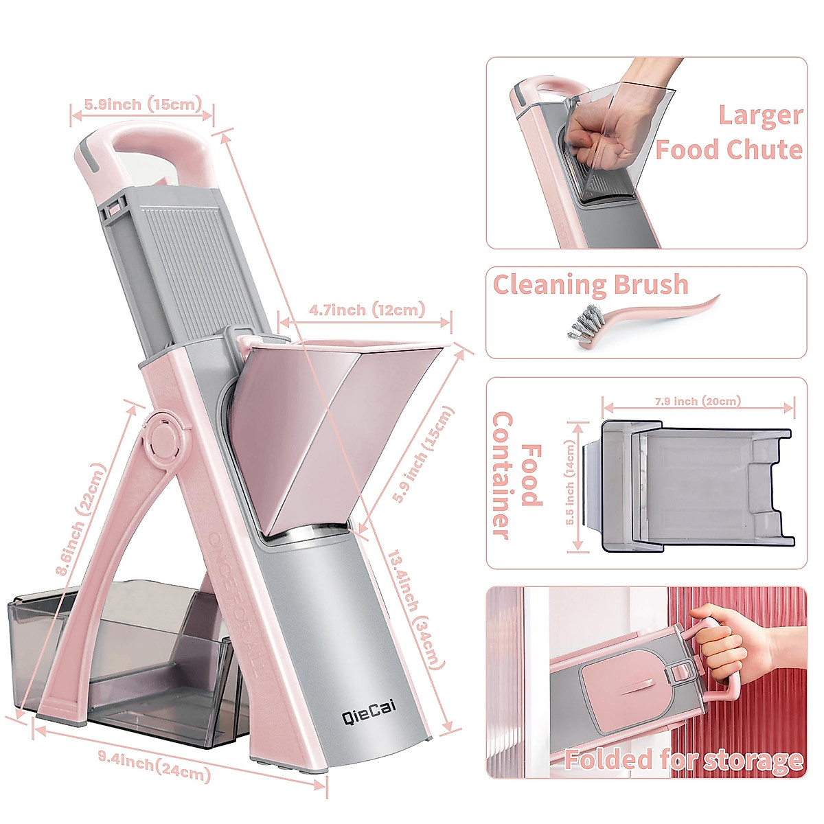 QieCai Safe Mandoline Slicer for Kitchen, Multifunctional Chopper Vegetable Cutter, Julienne + Dicer for Vegetables, Meal Prep & Thickness Adjuster, Essential Kitchen Gadgets-pink