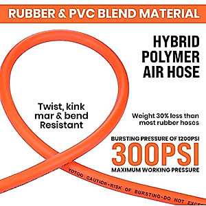 YOTOO Hybrid Air Hose 1/4-Inch by 50-Feet 300 PSI Heavy Duty, Lightweight, Kink Resistant, All-Weather Flexibility with 1/4-Inch Industrial Air Fittings and Bend Restrictors, Orange