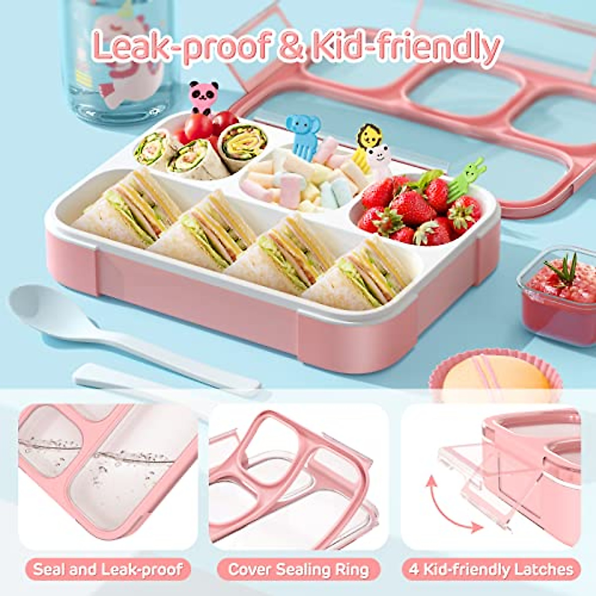 TIME4DEALS Unicorn Insulated Lunch Bag Set Bento Lunch Box for Kids, Bento-Style Leakproof 4 Compartments Lunch Container Water Bottle Ice Pack Muffin Cup Spoon Bento Box Set Kid Toddler School Lunch
