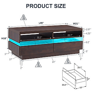 T4TREAM 48" LED Coffee Table with Storage, Modern Center Table with LED Lights & Power Strip, Coffee Table with Drawers for Living Room, Easy Assembly, Dark Walnut