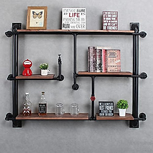 Industrial Pipe Shelving,Rustic Wooden&Metal Floating Shelves,Home Decor Shelves Wall Mount Display Racks,Decorative Accent Wall Book Shelf for Kitchen or Office Organizer,Grey