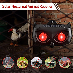 Solar Animal Repellent, Ultrasonic Animal Repeller A Wild Animal Repeller with Red Eyes That are LEDs, This is a Waterproof Device That Scare Away Nocturnal Animal as Skunks Deer Coyotes and Raccoons