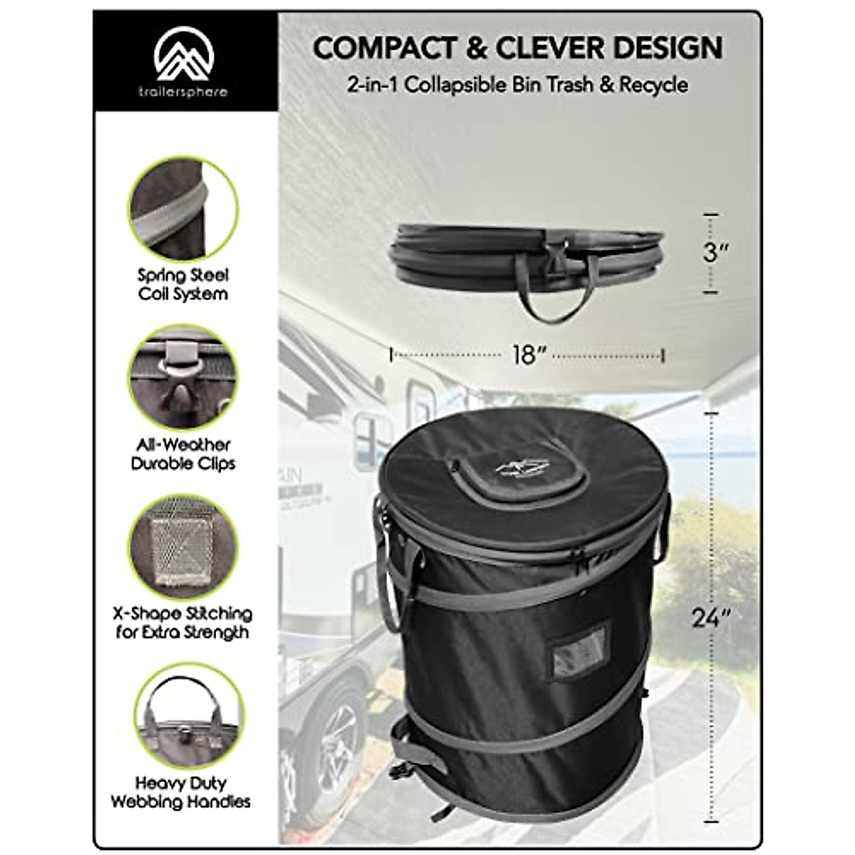 Trailersphere Collapsible Bin Trash & Recycle / Utility, Gone Camping Collection, Perfect for Camping, Laundry, Storage and Garden, Waterproof and Tear Resistance, Trash and/or Recycle