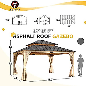 YOLENY 13' x 15' Solid Spruce Wood Gazebo, Hardtop Gazebo with Coated Wood Frame, Waterproof Asphalt Double Roof, Nettings and Curtains for Lawns, Gardens, Decks, and Patios