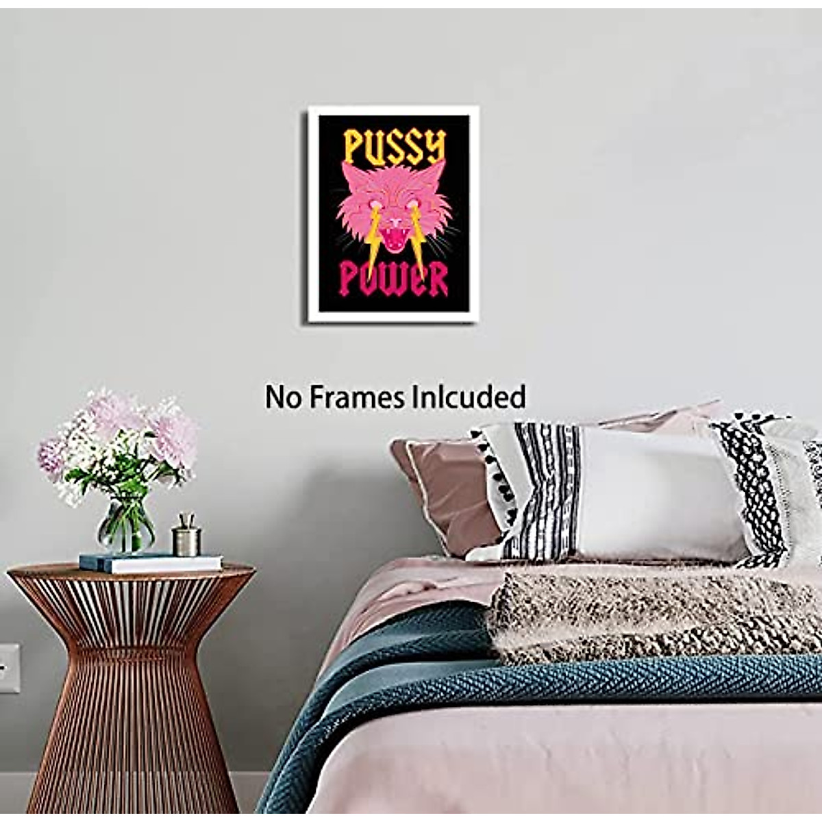 Pink Aesthetic Poster Preppy Room Decor, Cat Canvas Wall Art, Female Power Art Painting, Lightning Art Print for Teen Girls Bedroom College Dorm Room Decor, Girls Trend Wall Decor--12” x 16” Unframed