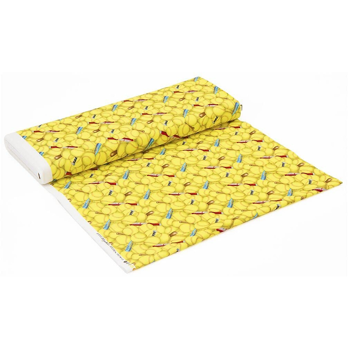 Softball yellow cotton fabric from the USA by Elizabeth's Studio, with balls and bats (per 0.5 yard)