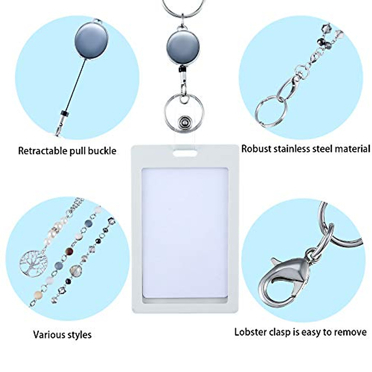 3 Pieces ID Badge Lanyard Necklace with ID Holder Clip Stainless Steel Beaded Chain Retractable Badge Reel Valentine Present (Chic Style)