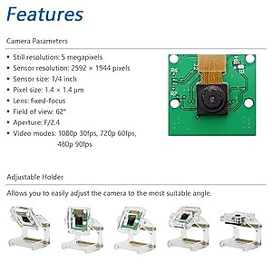 FREENOVE 5MP Camera for Raspberry Pi 5 4 B 3 B+ A+ Zero 2 W with Adjustable Holder and Ribbon Cable, 62° Viewing Angle, 1080P 720P Output