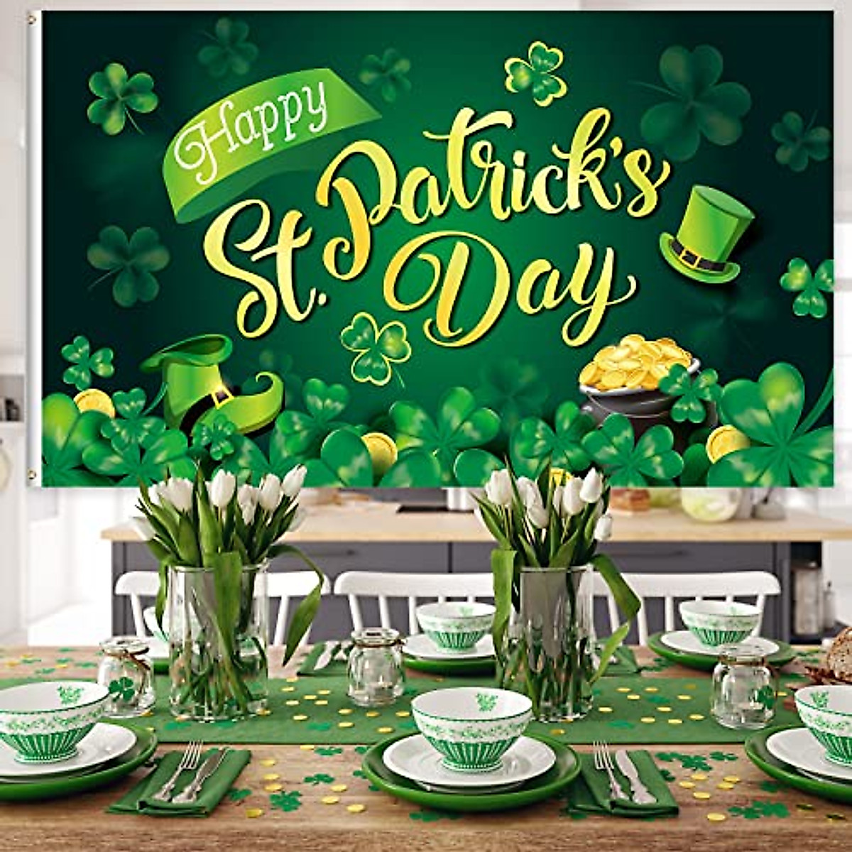 Happy St Patrick's Day Flag 3 x 5 ft Double Sided, Green Shamrocks Leaf Flag Large Fabric Irish Saint Patrick Flag Banner for St Patricks Day Holiday Garden Yard House Decoration Outdoor Indoor