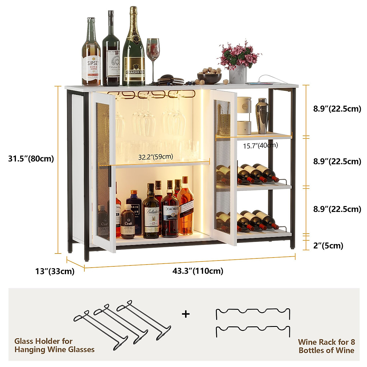 LVSOMT LED Farmhouse Coffee Bar Cabinet, Wine Cabinets with Removable Wine Rack, Buffet Cabinet with Motion Sensor for Kitchen, Dining Room (Pure White-43.3''L)