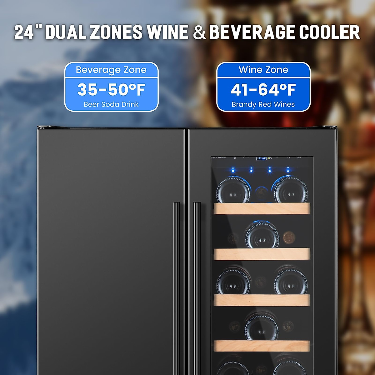 Friduo Wine and Beverage Refrigerator, 24inch Dual Zone Wine Cooler, 20Bottles 88Cans Undercounter Black Beverage Fridge for Bar Office Kitchen Drink Chiller