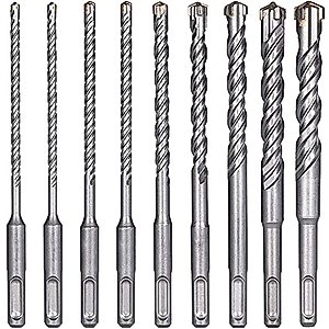 9 Piece Carbon Steel Hammer Drill Bit Set, SDS Carbide Drill for Bricks Masonry Concrete Cement Stone Rocks etc