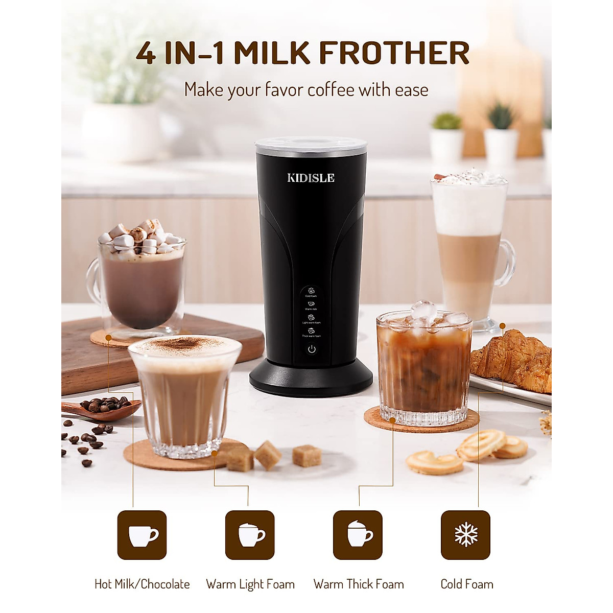 KIDISLE 4-in-1 Milk Frother and Steamer, Electric Milk Steamer with Keep Warm Function, Automatic Warm and Cold Foam Maker for Coffee, Latte, Hot Chocolate, Cappuccinos, Macchiato, Black