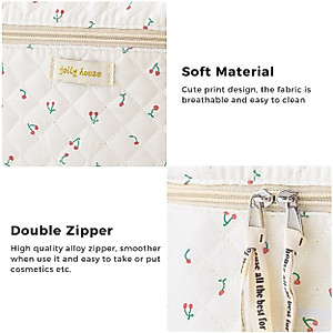 HBselect Quilted Makeup Bag, 3PCS Cotton Large Travel Makeup Bag, Cute Floral Coquette Make up Bag Cosmetic Bag Toiletry Bag for Women Girls