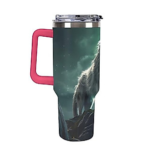 Wolf Full Moon 40 Oz Car Cup Stainless Steel Travel Mug Leak-Proof Insulated Tumbler with Handle Light Rose Red-style