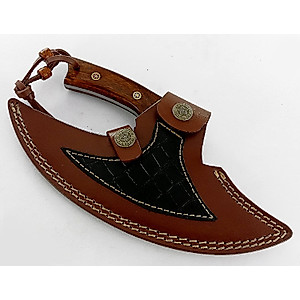 Damascus Steel alaskan Ulu Knife - Fixed Blade knife for Chopping Boning Slicing Cutting,Solid Burl Rose Wood Handle with Leather Sheath.SM145