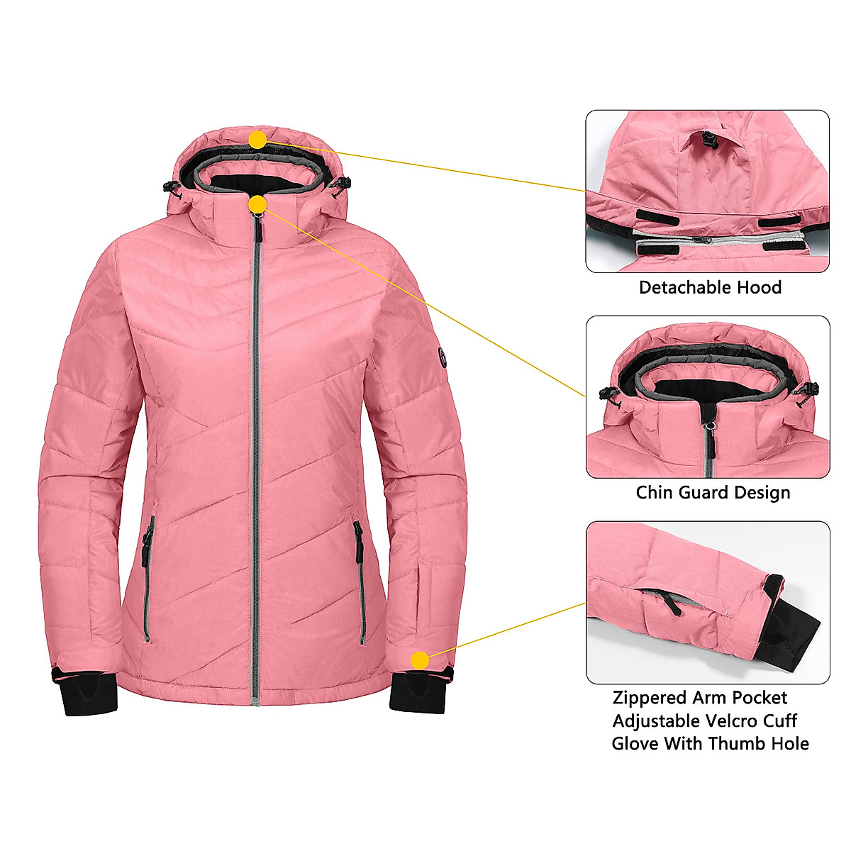 Little Donkey Andy Women's Warm Windproof Ski Insulated Jacket Water Repellent Winter Snowboarding Snow Coat With Detachable Hood Pink M
