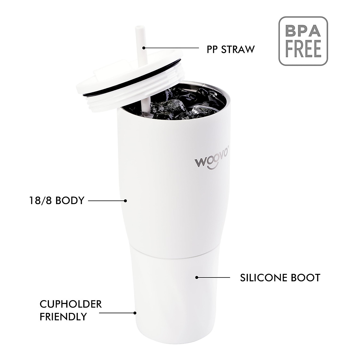 WOOVO 30 oz Tumbler with Lid and Straw - Insulated Double Wall Stainless Steel Water Bottle with SIlicone Boot - BPA Free Dishwasher Safe Tumbler, Reusable 30oz Travel Cup Stay Hot Cold - White