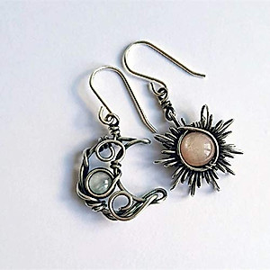 Boho Opal Sun and Moon Drop Dangle Earrings Moonstone Natural Stone Hook Bohemian for Women Asymmetrical Antiqued Silver Celestial Jewelry-Opal Red