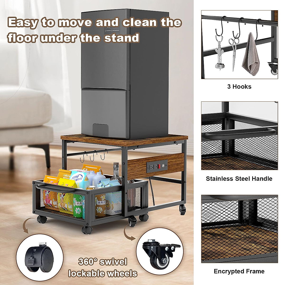 Mini Fridge Stand with Storage and Wheels, Heavy Duty Mini Fridge Table with Power Outlets for 220LBS Refrigerator, Rolling Fridge Cart with Large Capacity Drawer for Dorm,Office,Bedroom (Retro Brown)