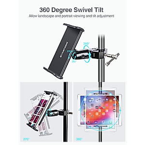 elitehood Metal iPad Mic Stand Holder, 360° Swivel Tilt Microphone Stand Phone Holder Mount, Aluminum Tablet Clamp Adapter for All Phone, iPad Pro 12.9/11, iPad, iPad Mini Air and More 4-12.9" Tablet