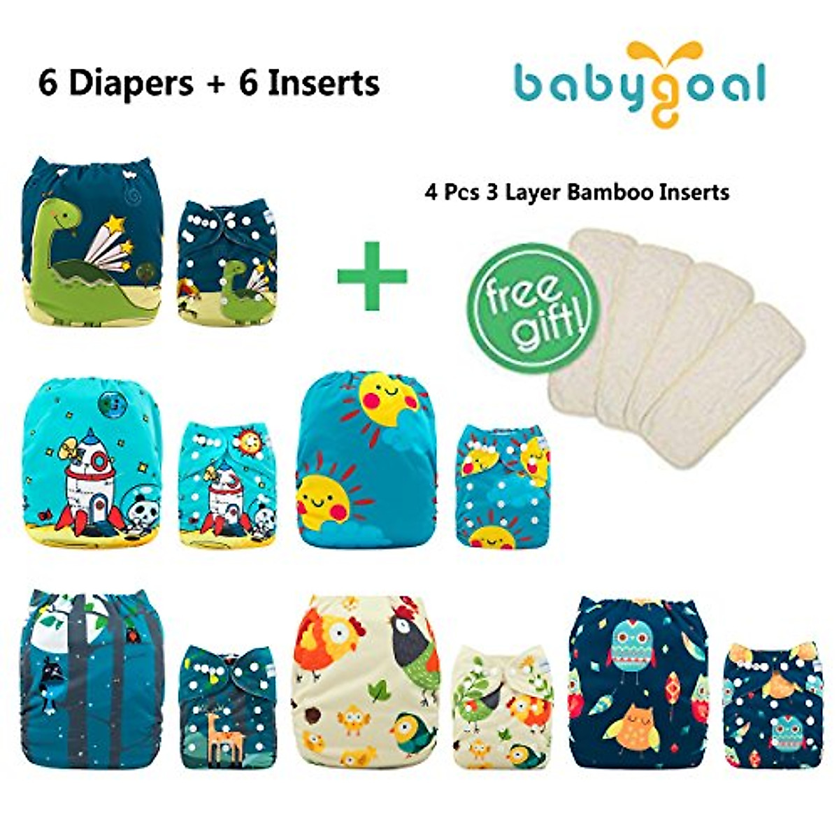 babygoal Reusable Cloth Diapers for Baby Boys, One Size Adjustable Washable Pocket Nappy Covers 6 Pack+ 6pcs Microfiber Inserts+4pcs Bamboo Inserts 6FB15