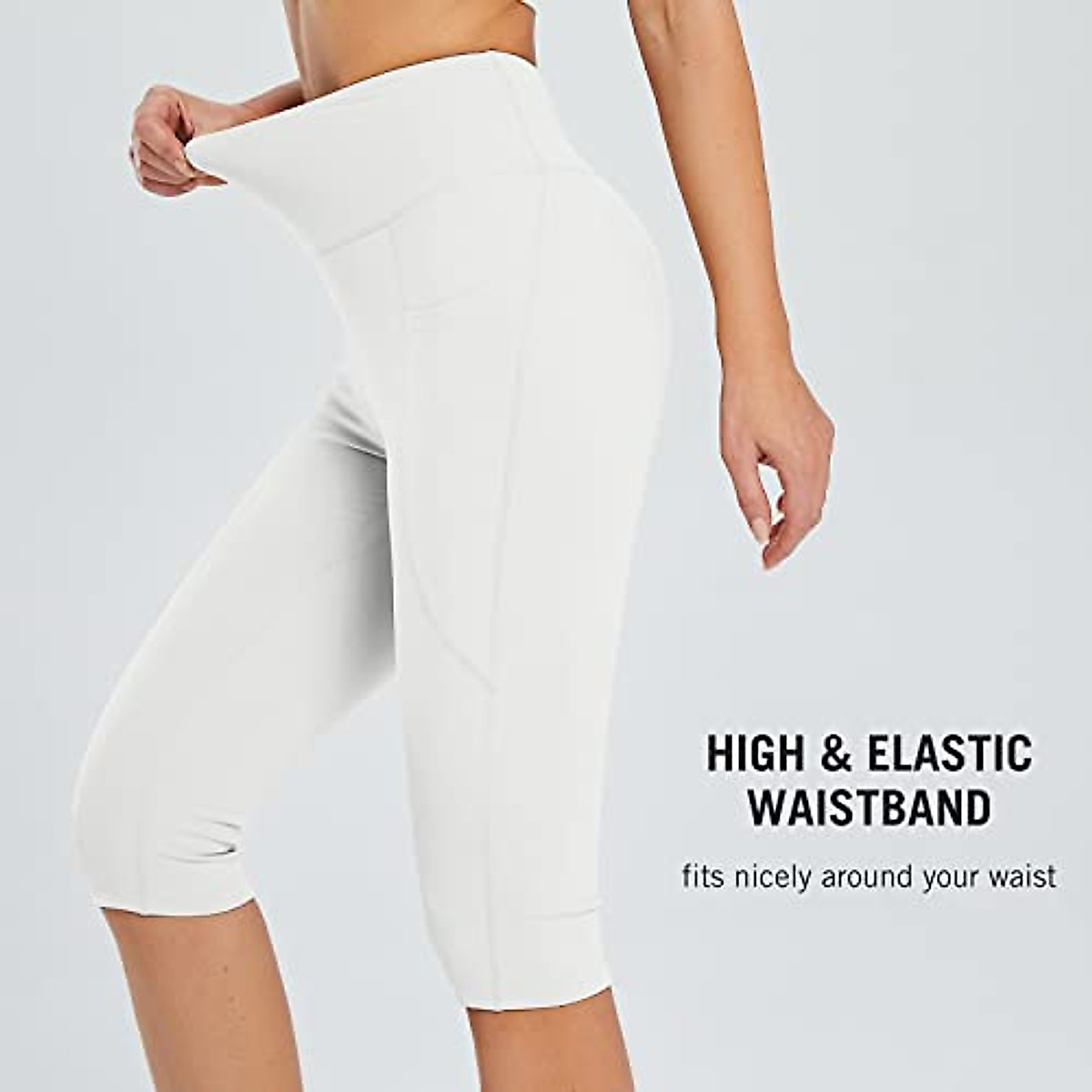 BALEAF Women's High Waisted Capris Casual Summer Knee Length Leggings Petite Yoga Casual Workout Exercise Capris with Pockets White 3XL