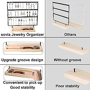 sovia Earring Organizer 3-Tier 75 Holes Jewelry Organizer Display Stand,Metal Earring Holder with Wood Basic stand,Necklace holder Storage Tray for Ring,Earrings,Ear Stud,Bracelets(Black)