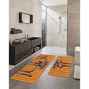 Halloween Bath Mat for Tub,Non Slip Bathroom Floor Runner Rug Quick Dry & Absorbent Diatomaceous Earth Shower Sink Kitchen Washable Doormat,Witches Boot Bats Orange Geometry Stripes 18x30+18x60
