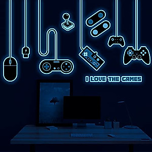 Gaming Wall Decals Glow in The Dark Wall Decals Video Game Zone Wall Stickers Removable Gaming Room Wall Decor Peel and Stick for Boys Kids Bedroom Playroom… (Large Size-Blue)