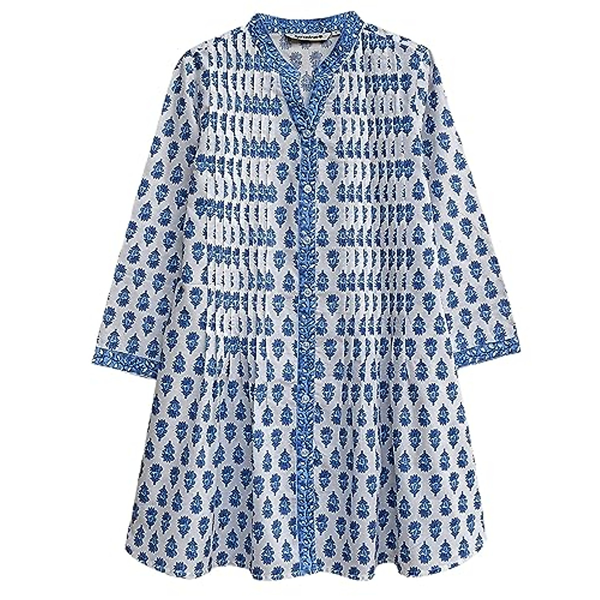 Juno Pure Cotton Printed Front Pleated Tunic Top Kurti Blouse, Blue, 2X