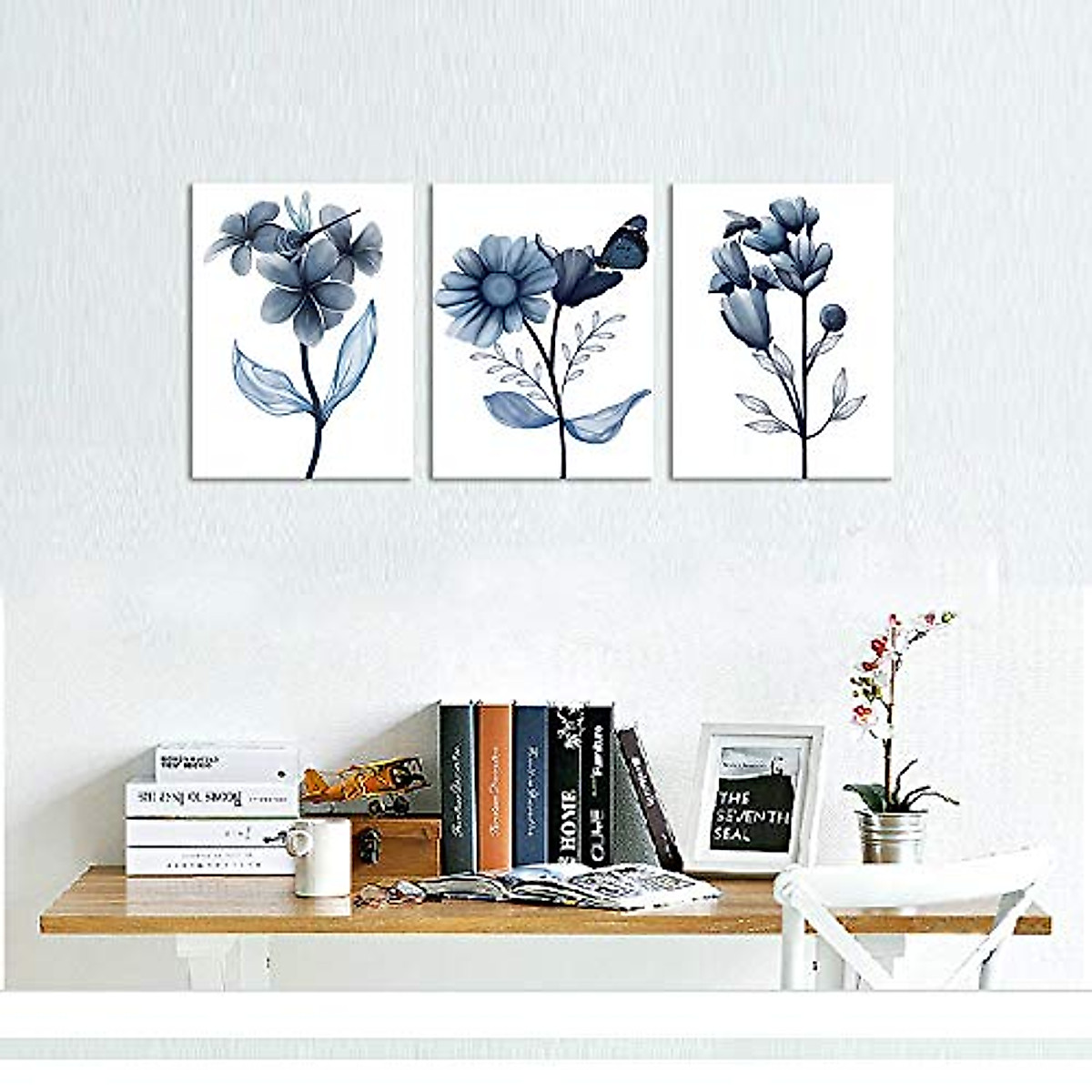 sechars 3 Piece Canvas Wall Art Navy Flower Painting Art Prints Blue Floral With Butterfly Picture Artwork Modern Bedroom Bathroom Wall Decor Framed Ready to Hang Each Panel 12x16 Inches