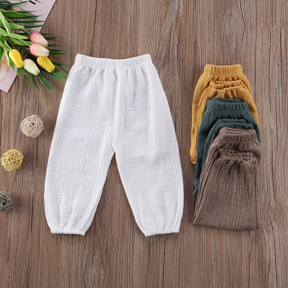 Ursobutegl Toddler Baby Boy Girl Cotton Linen Joggers Pants Elastic Basic Long Pants Harem Bloomers Infant Kid Fall Clothes (3pcs-D, 1-2 Years)