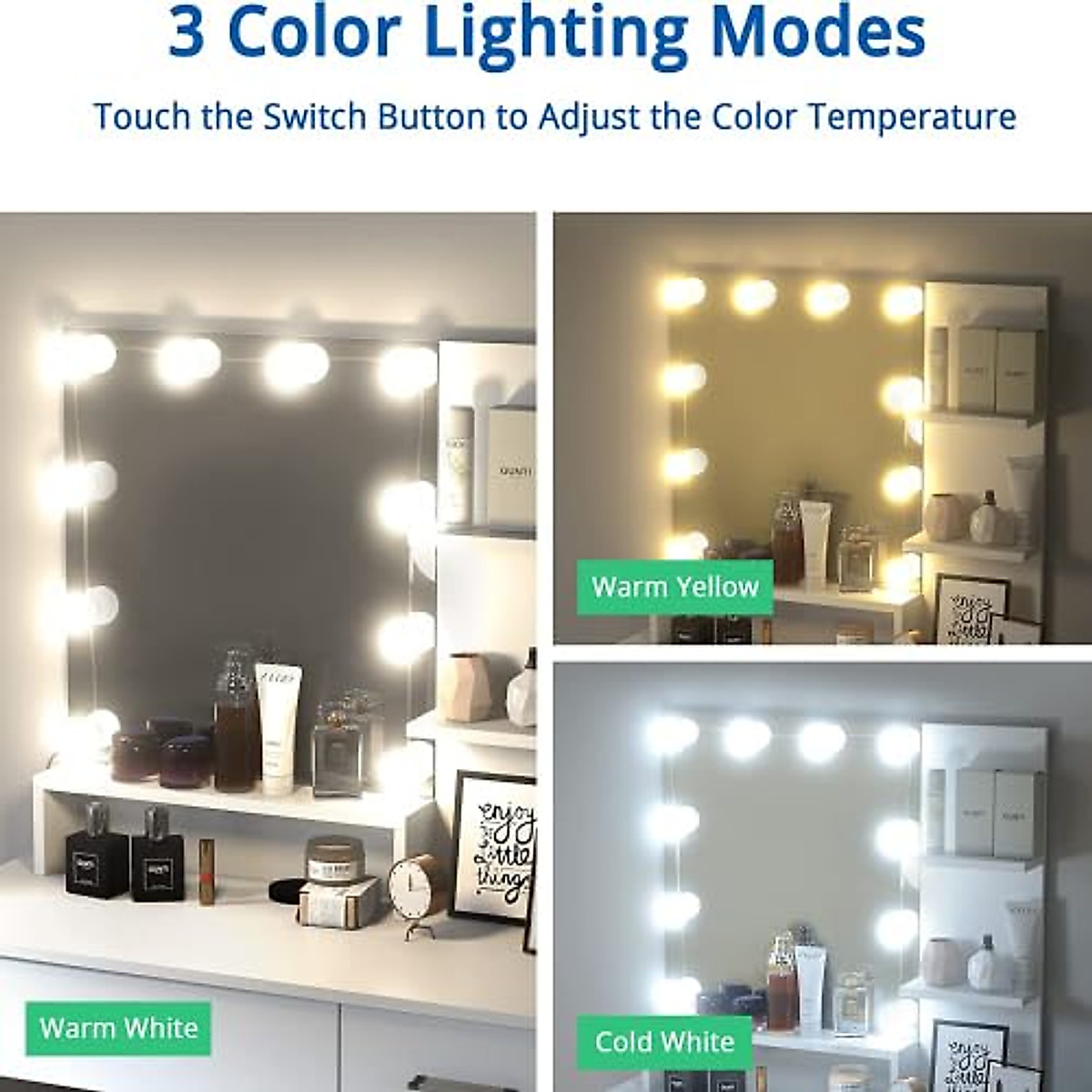 Makeup Vanity Table, Make Up Vanity Desk with Large Mirror and 10 LED Lights, Brightness Adjustable, Dresser Table Desk with Drawers & Shelves, Bedroom Vanitys Desk for Girls Women, White, New