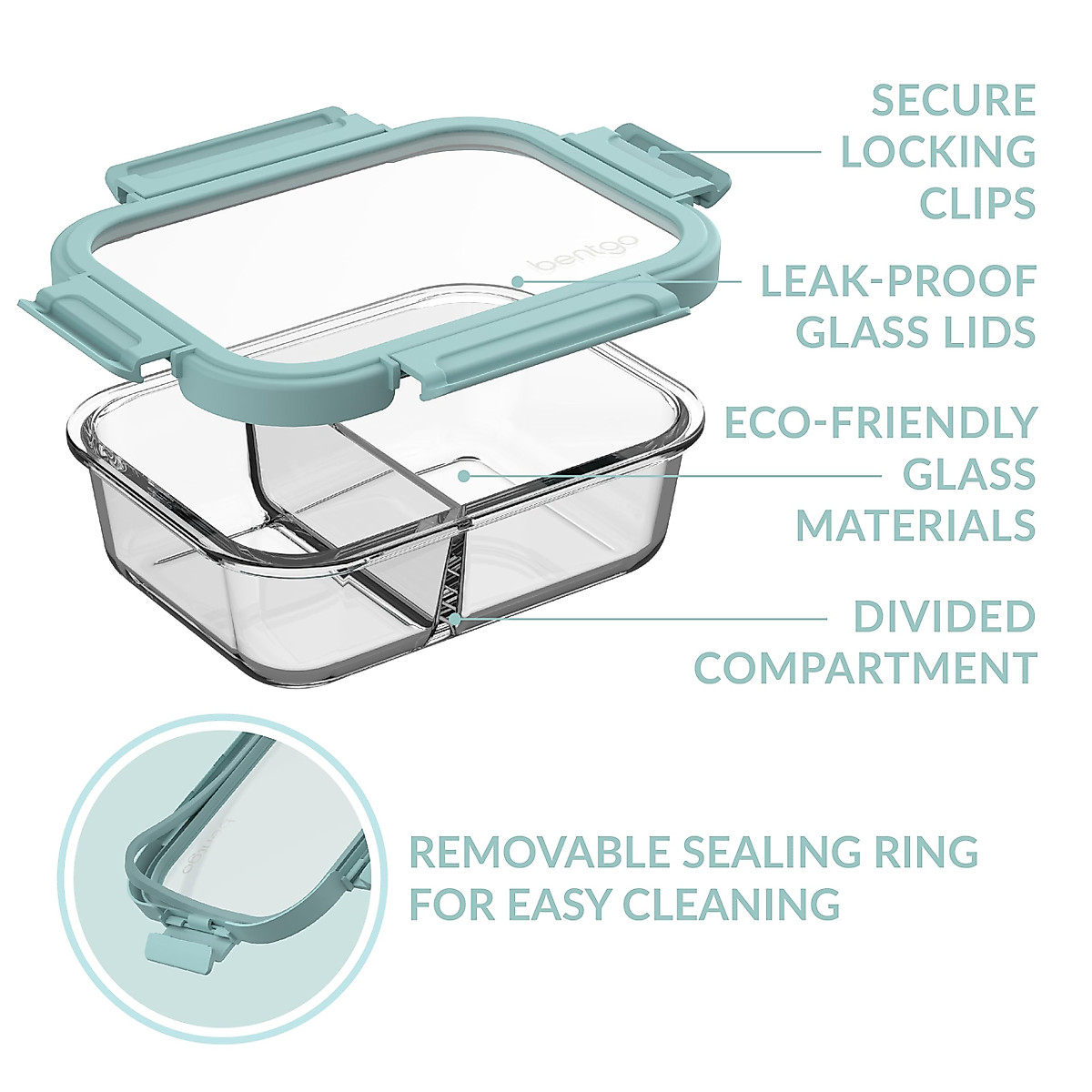 Bentgo Glass Leak-Proof Meal Prep Set - 4-Piece Lunch & Dinner 2-Compartment Glass Food Containers with Glass Lids - Reusable, BPA-Free, Microwave, Freezer, Oven & Dishwasher Safe (Seafoam/Seaglass)