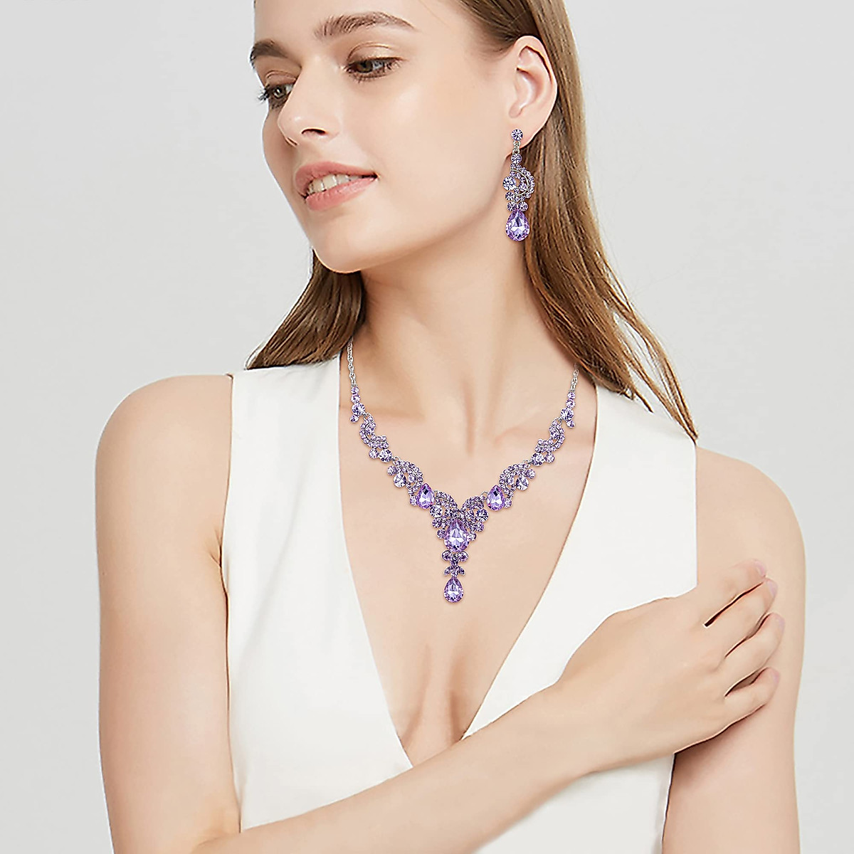 EVER FAITH Costume Jewelry Crystal Floral Wave Teardrop Pendant Necklace Dangle Earrings Vintage Jewelry Set Light Purple Silver-Tone