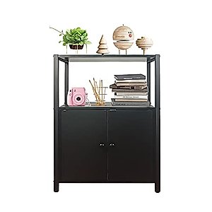 Jahof 2-Layer Industrial Bookshelf, Bookcase with 2 Doors, Standing Storage Cabinet for Living Room, Home Office, Bedroom, Washroom, Kitchen (2-Tier, Black)